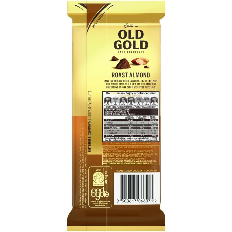 Cadbury Old Gold Dark Chocolate Roast Almond 180g Chocolate Block
